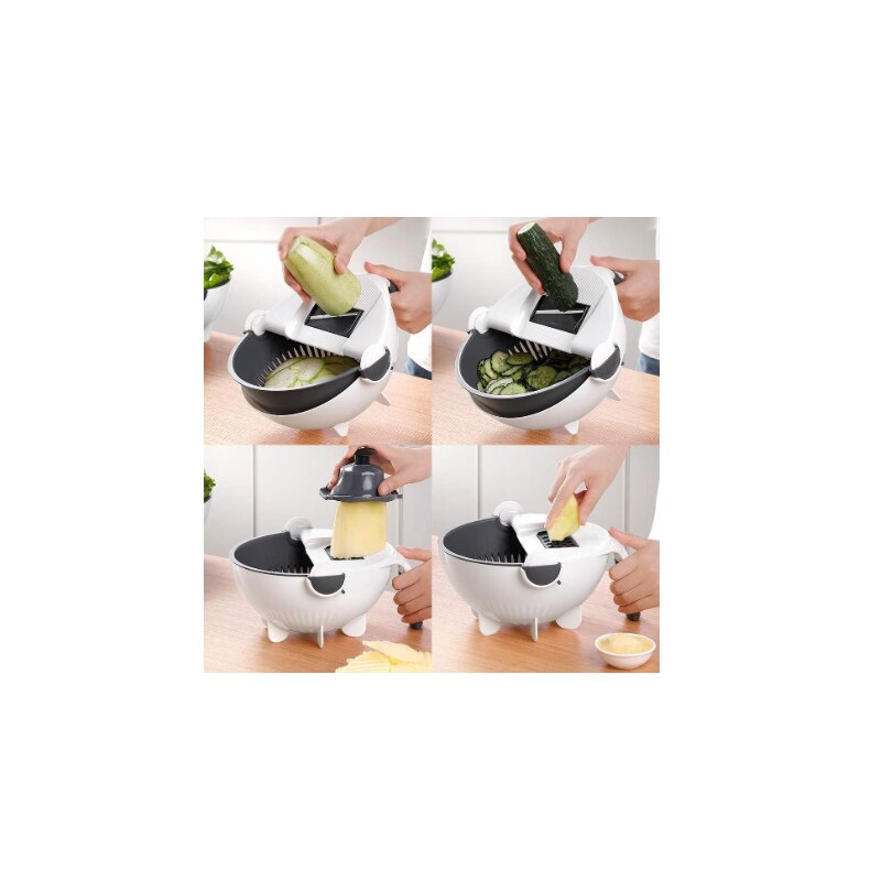 Feliator multifunctional cu bol pentru fructe si legume, 5 lame incluse ...