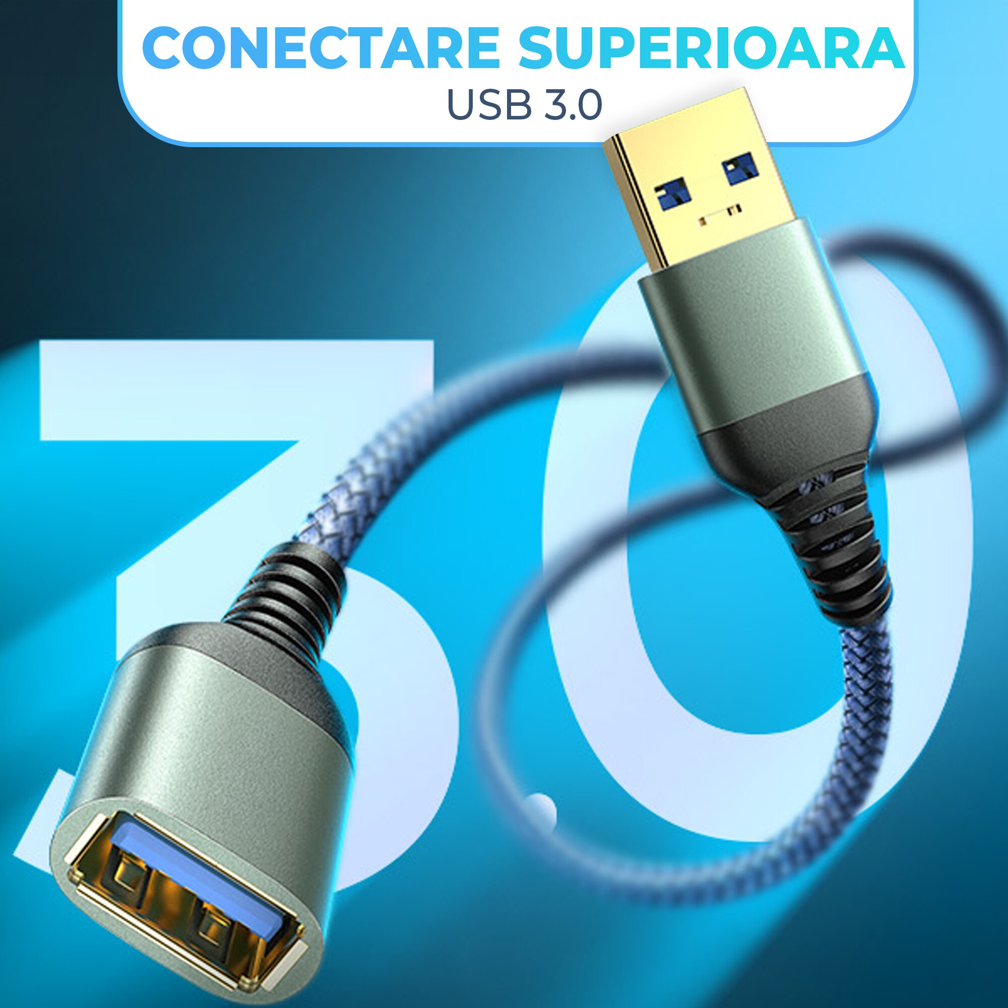 Cablu Extender Timebox, USB-mama la USB-tata 3.0, Nylon, 3m, Placat cu ...