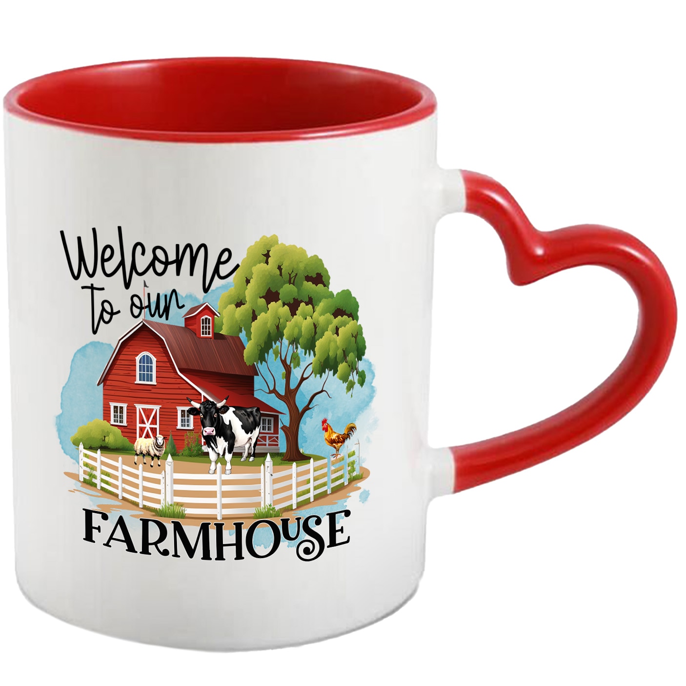 Cana cu ferma cu animale cu mesajul "Welcome to our Farmhouse ...