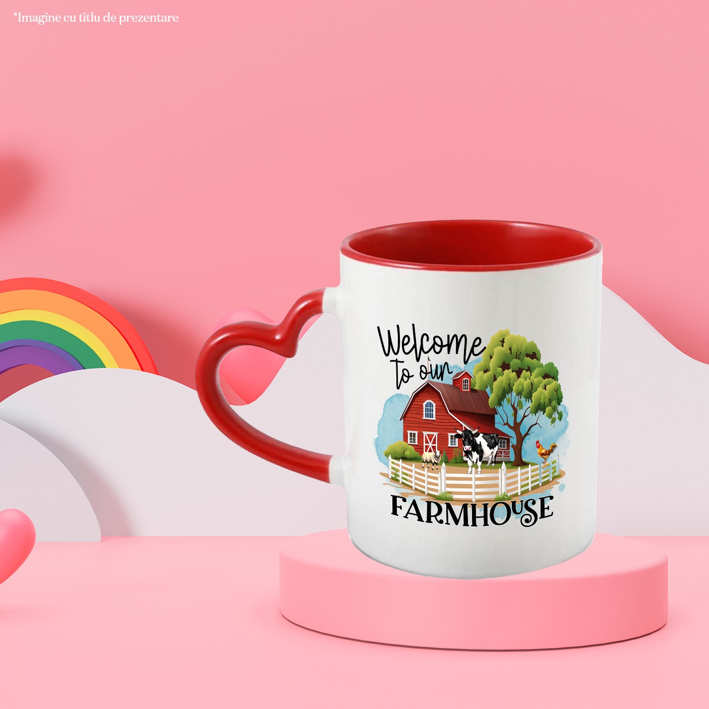 Cana cu ferma cu animale cu mesajul "Welcome to our Farmhouse ...