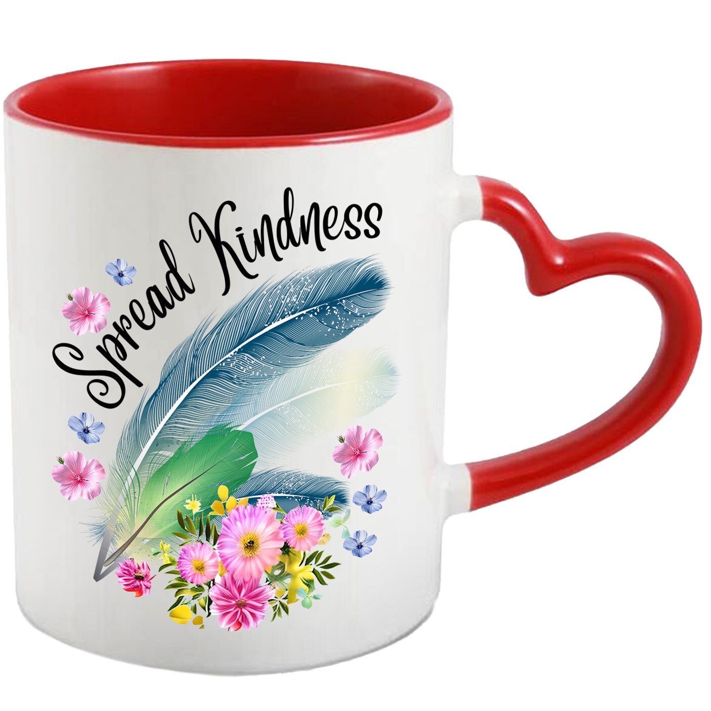 Cana cu 3 pene si cu flori multicolore cu mesajul "Spread Kindness ...
