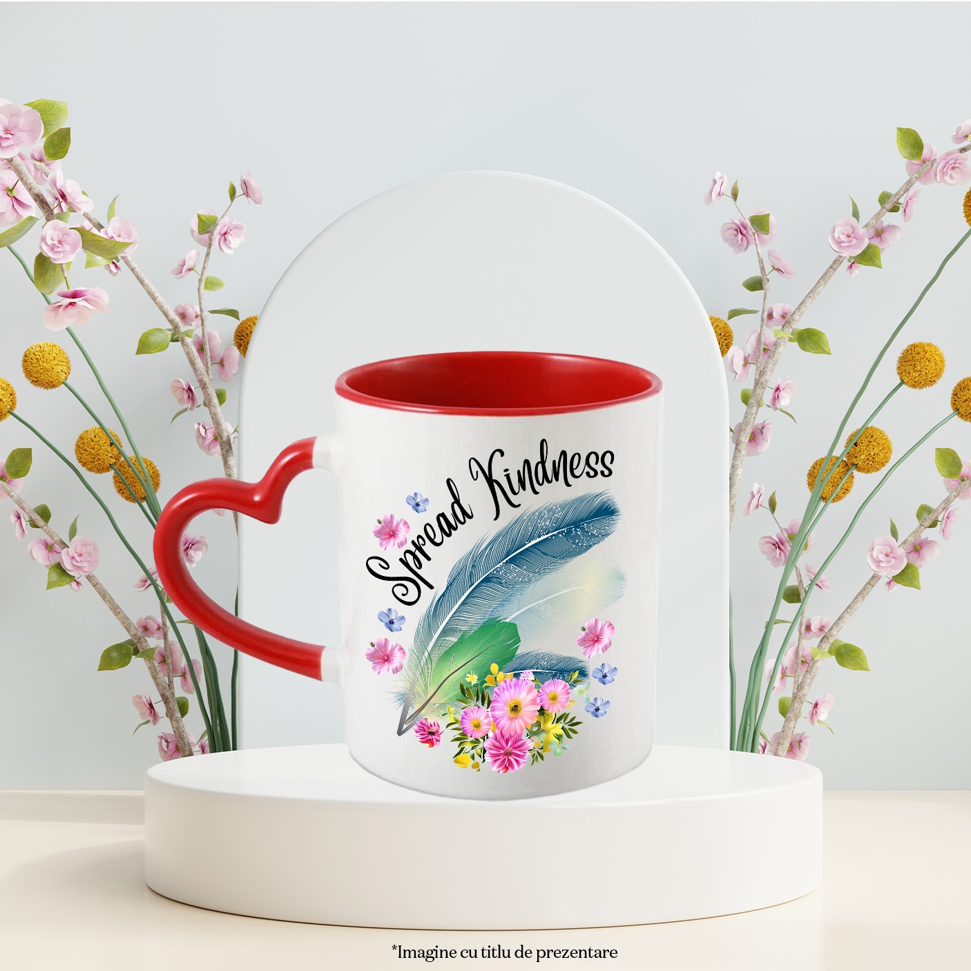Cana cu 3 pene si cu flori multicolore cu mesajul "Spread Kindness ...