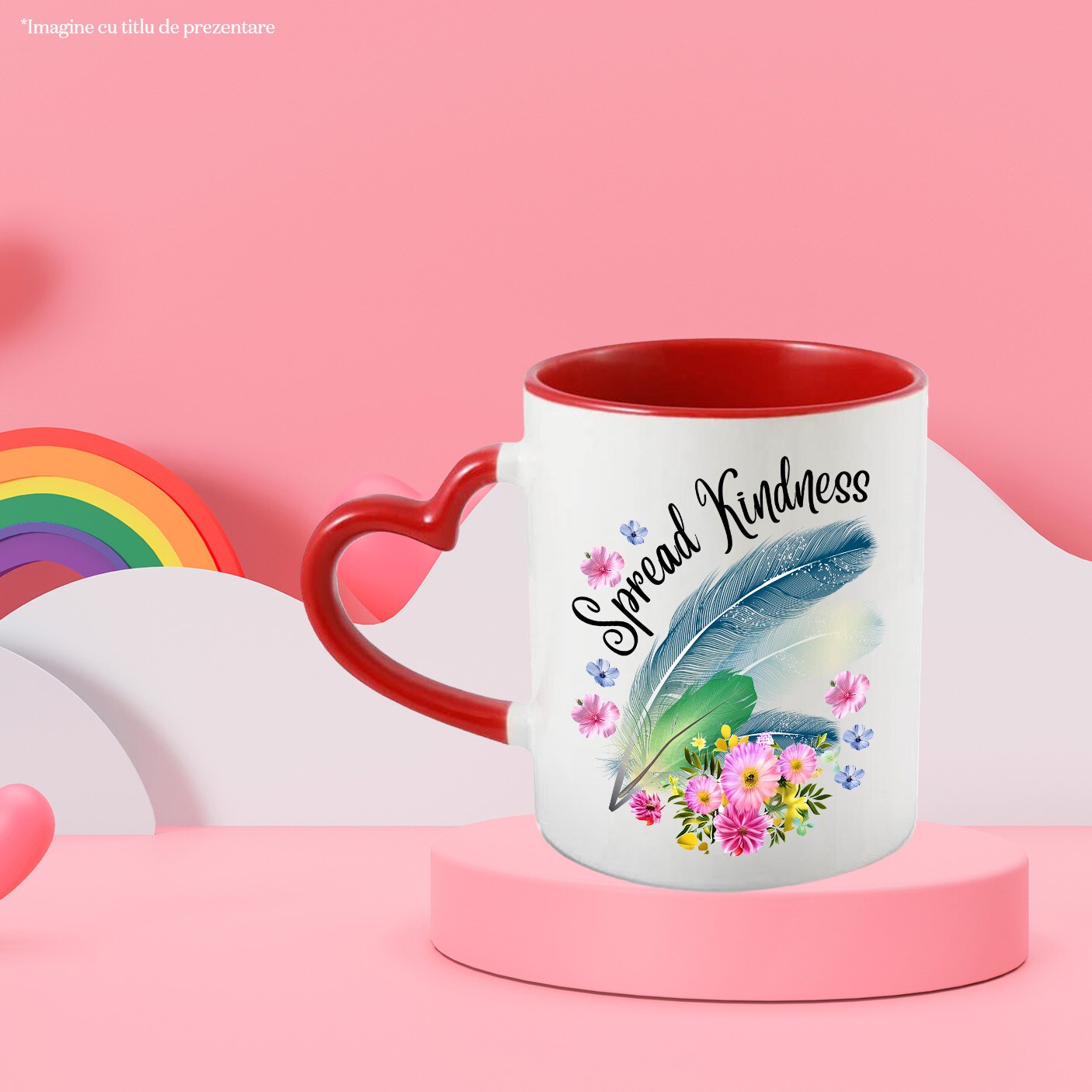 Cana cu 3 pene si cu flori multicolore cu mesajul "Spread Kindness ...