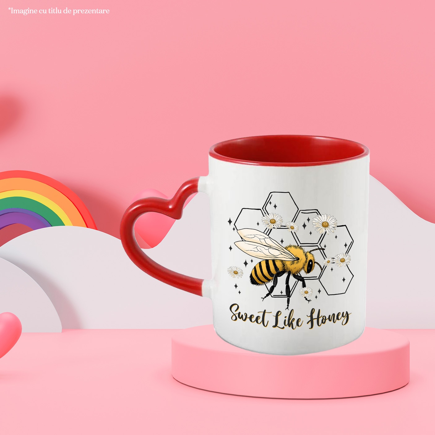 Cana cu albina si cu floricele albe cu mesajul "Sweet like honey ...