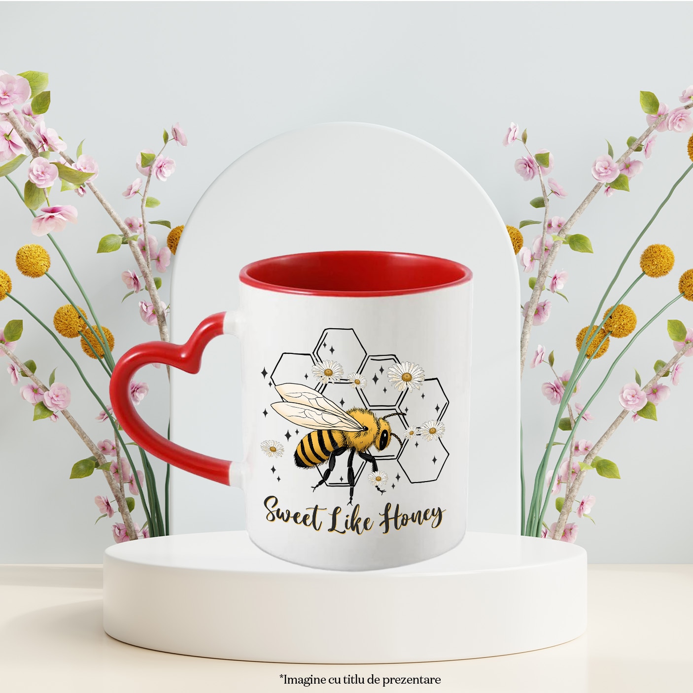 Cana cu albina si cu floricele albe cu mesajul "Sweet like honey ...