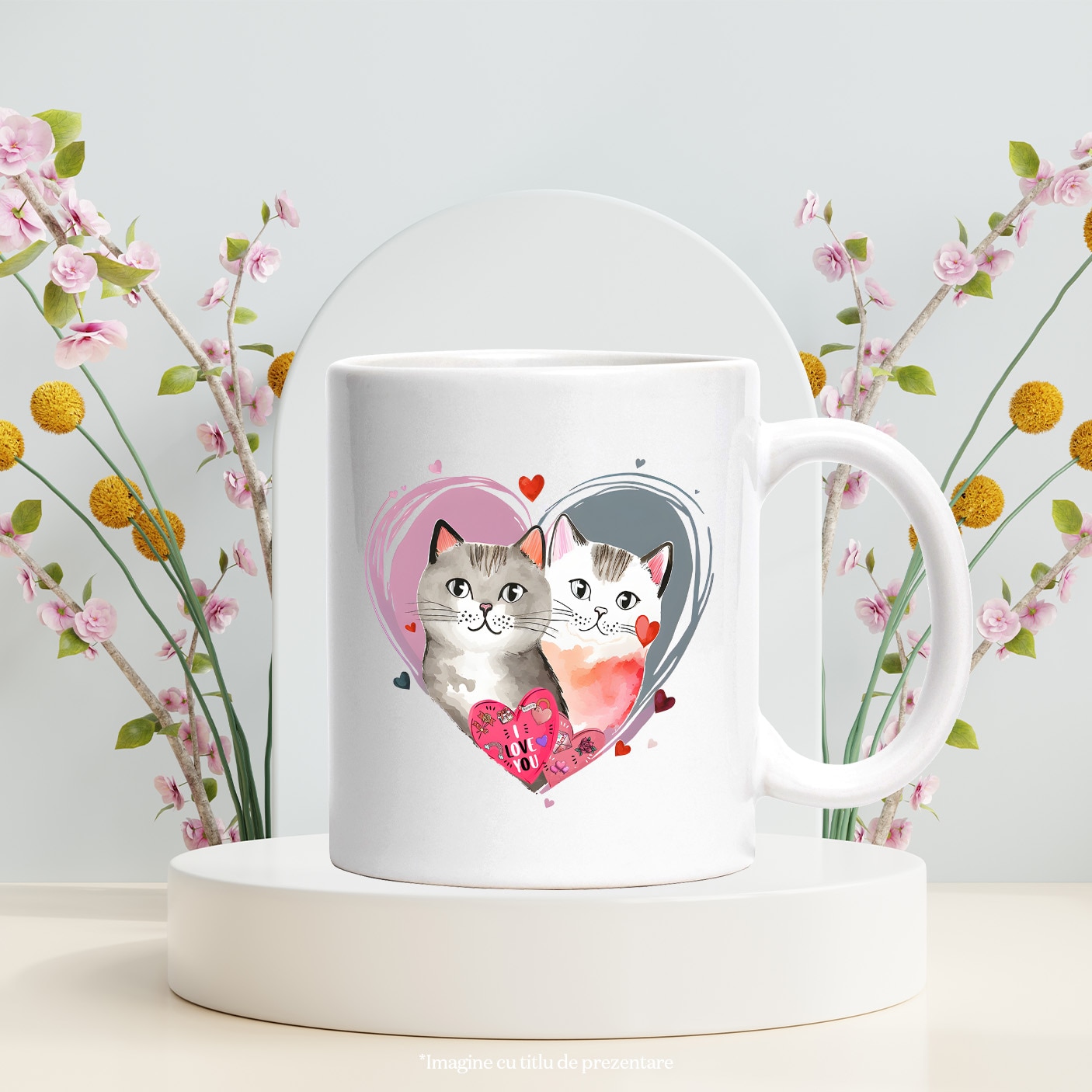 Cana cu 2 pisici cu mesajul "I love you", felicitare, inima, ilustratie ...