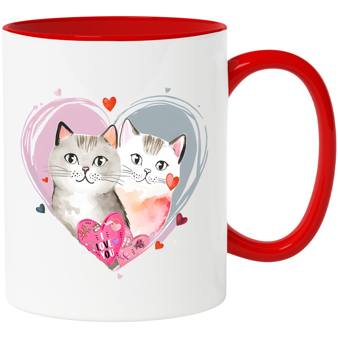 Cana cu 2 pisici cu mesajul "I love you", felicitare, inima, ilustratie ...