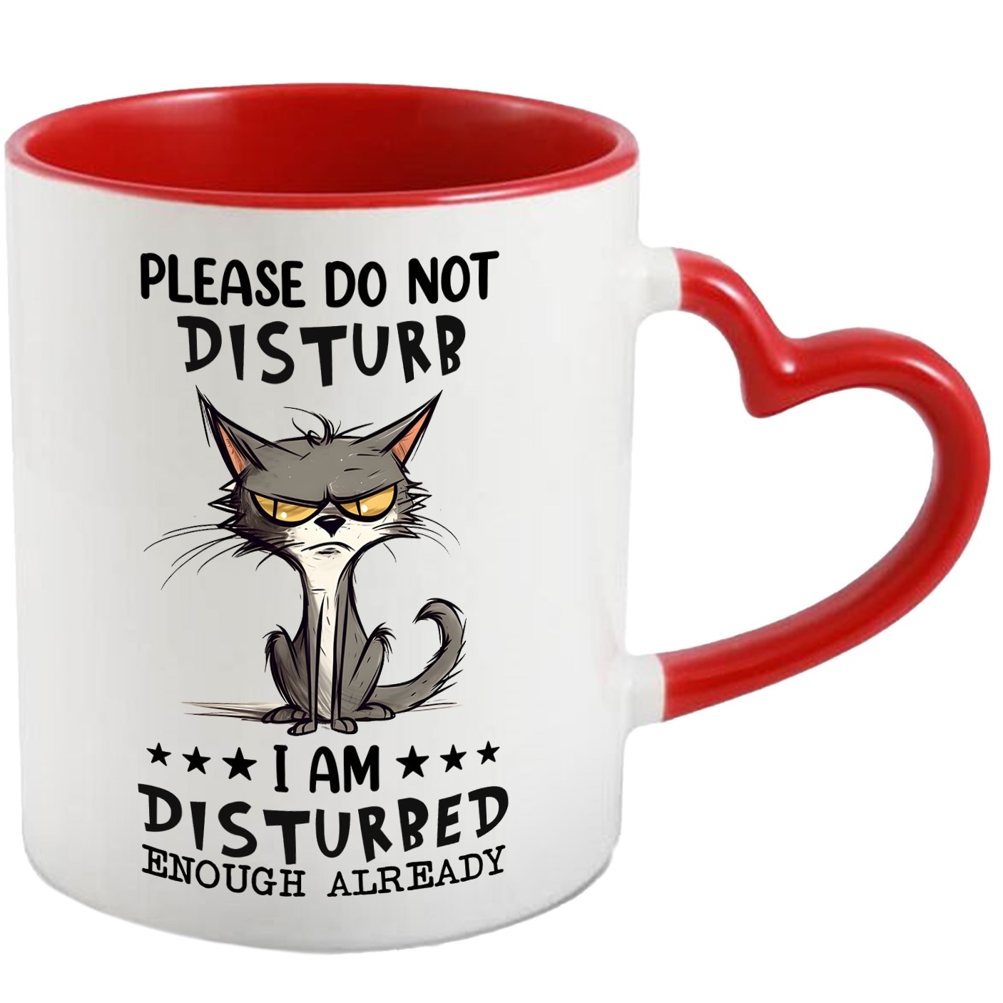 Cana cu pisica iritata/suparata cu mesajul "Please do not disturb. I am ...
