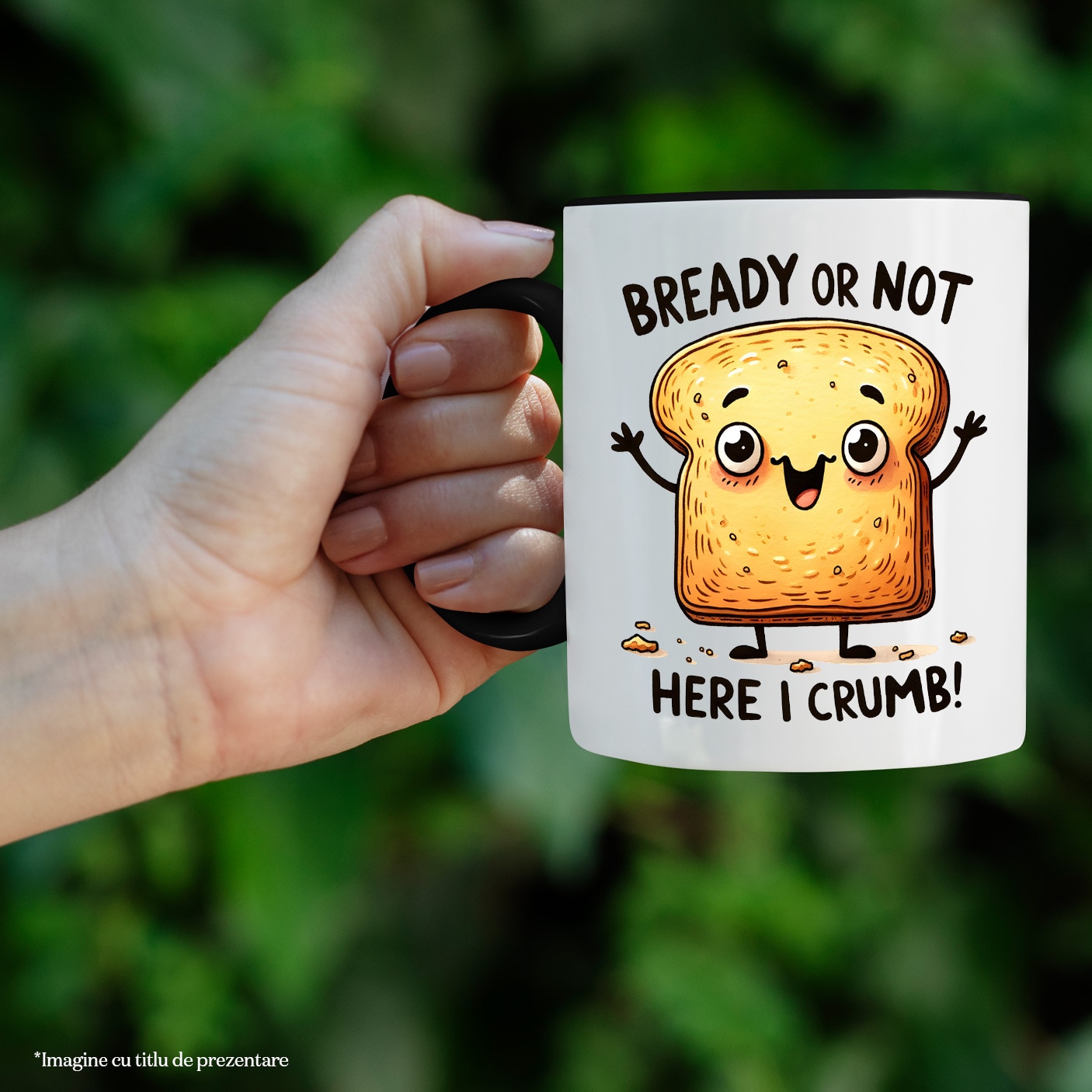 Cana cu mesajul "Bready or not, here I crumb!", ilustratie, motivational, felie de paine ...