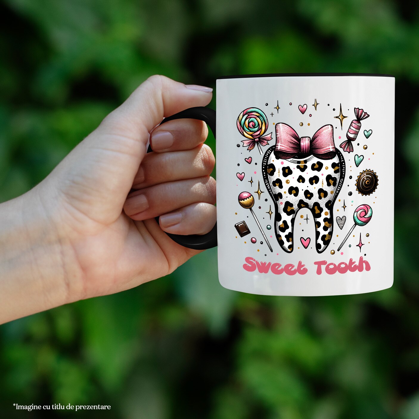 Cana cu mesajul "Sweet tooth", profesie, ilustratie, munca, dedicare ...