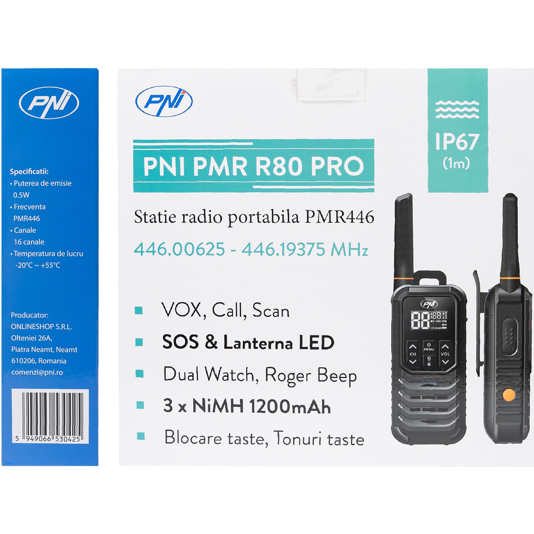 Преносима радиостанция PNI PMR R80 PRO, Комплект 2 броя, 0.5W, 16 ...