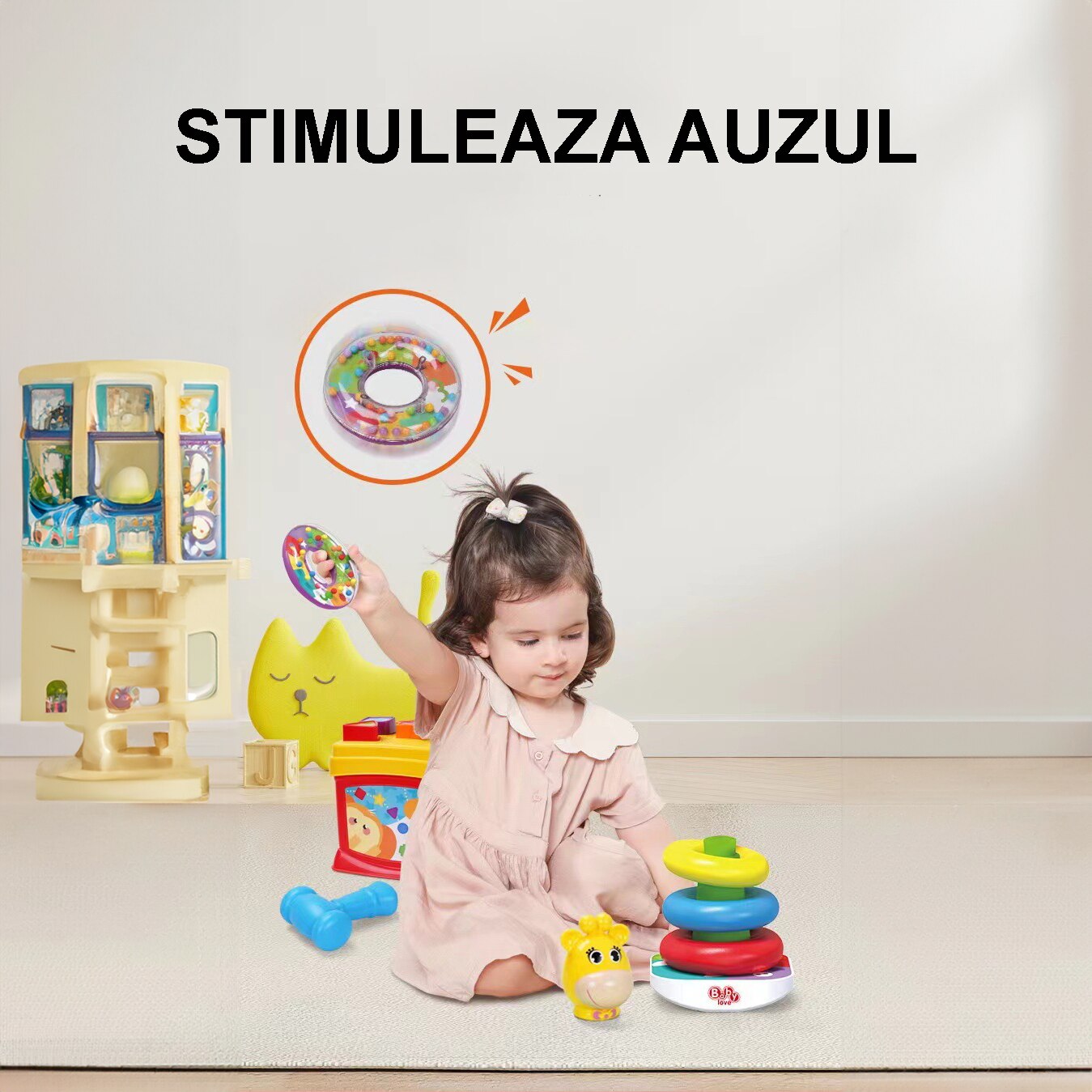 Jucarie Interactiva Bebelusi, Miraza, Piramida cu 4 Inele de Stivuit ...