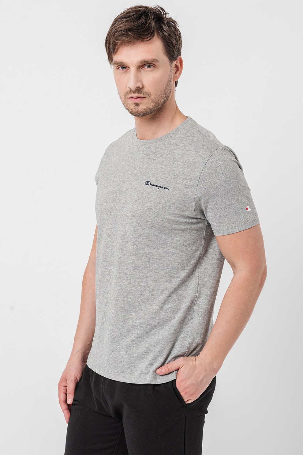 Champion, Tricou din bumbac cu detalii logo Basic, Gri melange, L - eMAG.ro