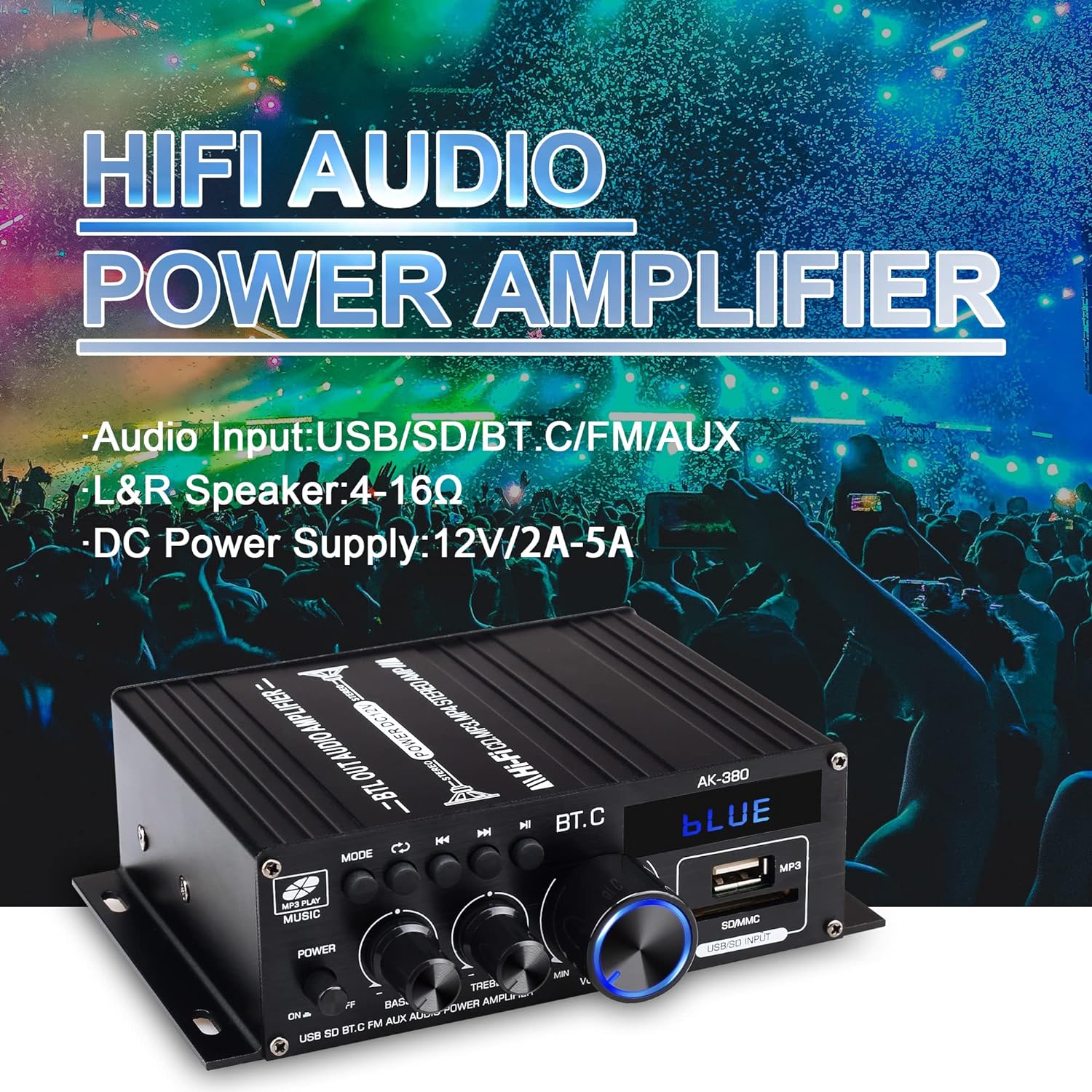 Amplificator audio cu adaptor alimentator si telecomanda, Excitat®, 12V ...