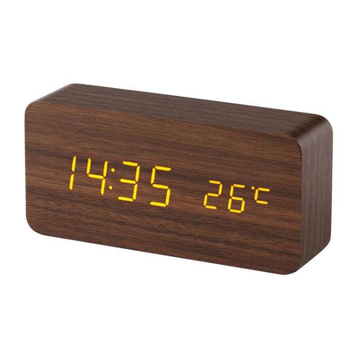 Ceas LED de masa sau birou din lemn, Termometru, Alarma, Afisaj 12/24h ...