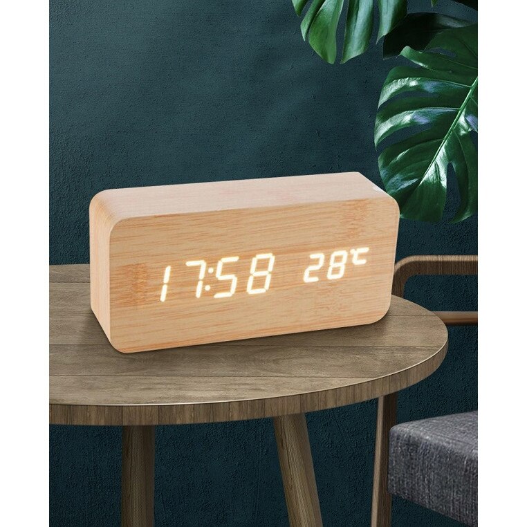 Ceas LED de masa sau birou din lemn, Termometru, Alarma, Afisaj 12/24h ...