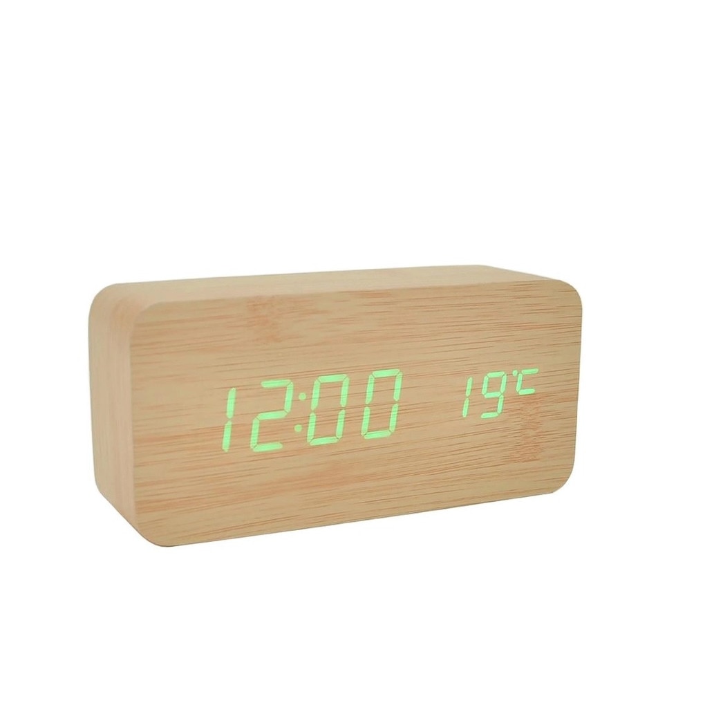 Ceas LED de masa sau birou din lemn, Termometru, Alarma, Afisaj 12/24h ...