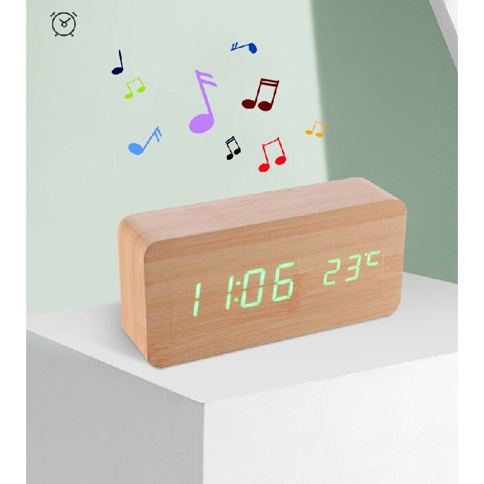 Ceas LED de masa sau birou din lemn, Termometru, Alarma, Afisaj 12/24h ...