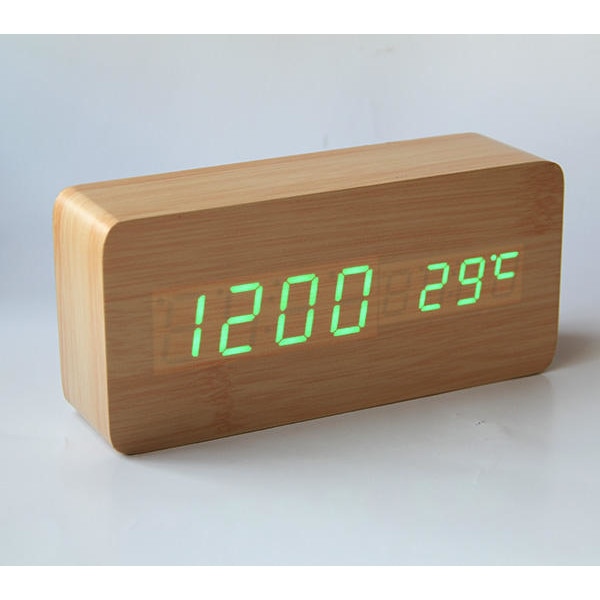Ceas LED de masa sau birou din lemn, Termometru, Alarma, Afisaj 12/24h ...