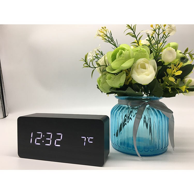 Ceas LED de masa sau birou din lemn, Termometru, Alarma, Afisaj 12/24h ...