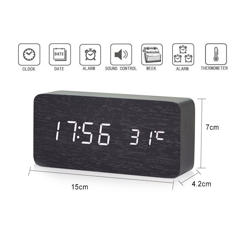 Ceas LED de masa sau birou din lemn, Termometru, Alarma, Afisaj 12/24h ...