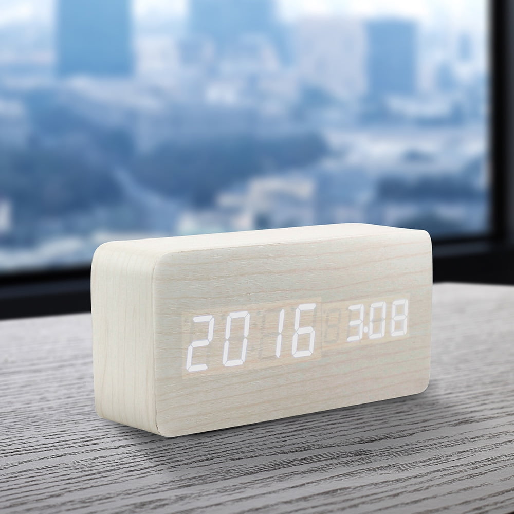 Ceas LED de masa sau birou din lemn, Termometru, Alarma, Afisaj 12/24h ...
