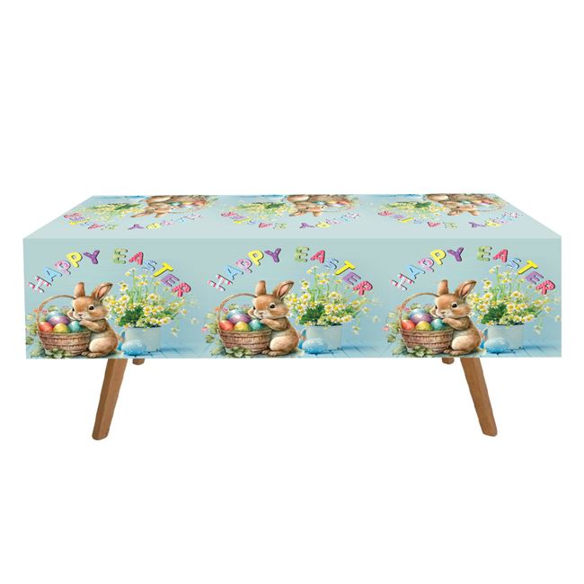 Fata de masa din plastic, albastra, iepurasi cu cos si oua de Paste ...