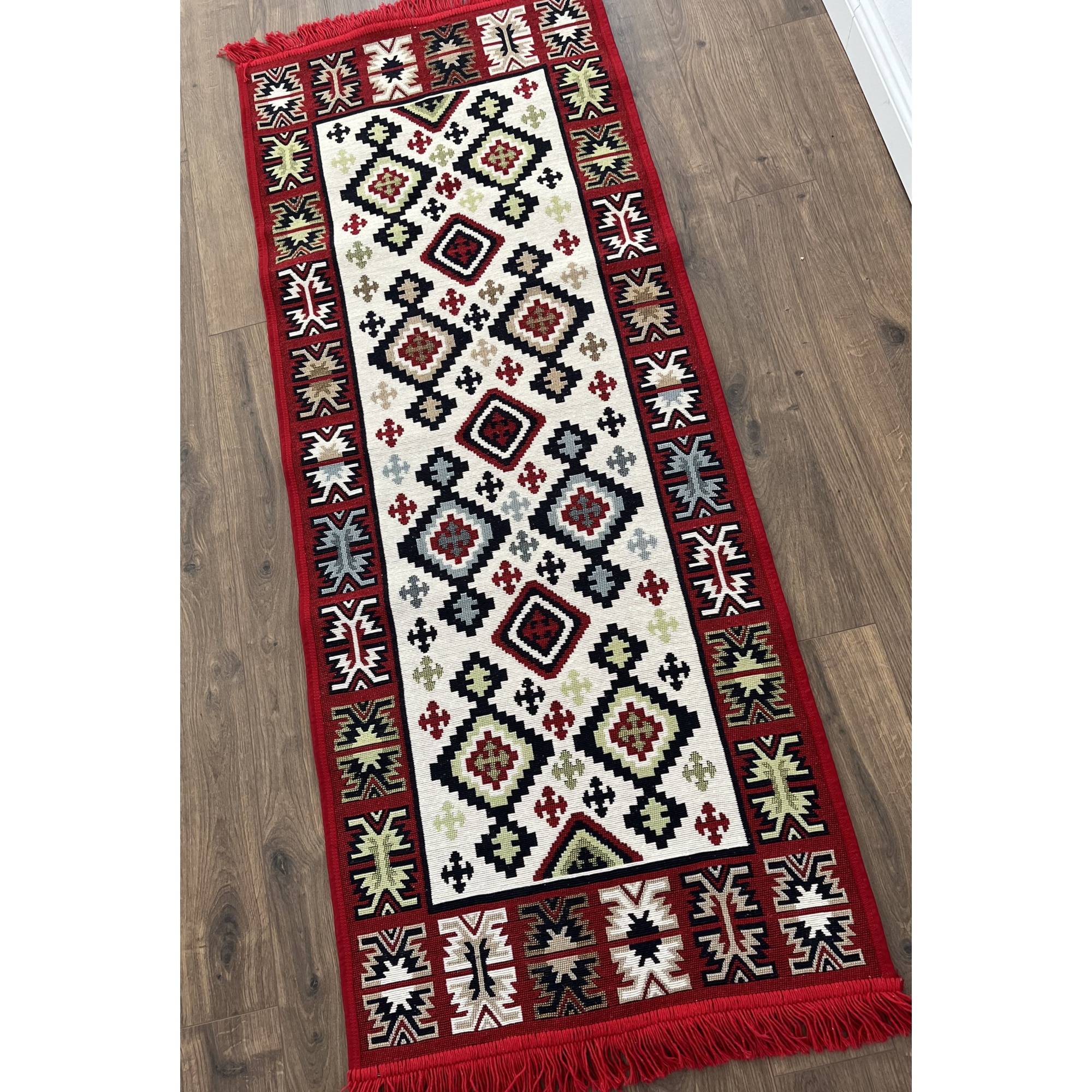 Covor traditional, cu doua fete, dimensiunea 80x300cm, rosu-bej - eMAG.ro