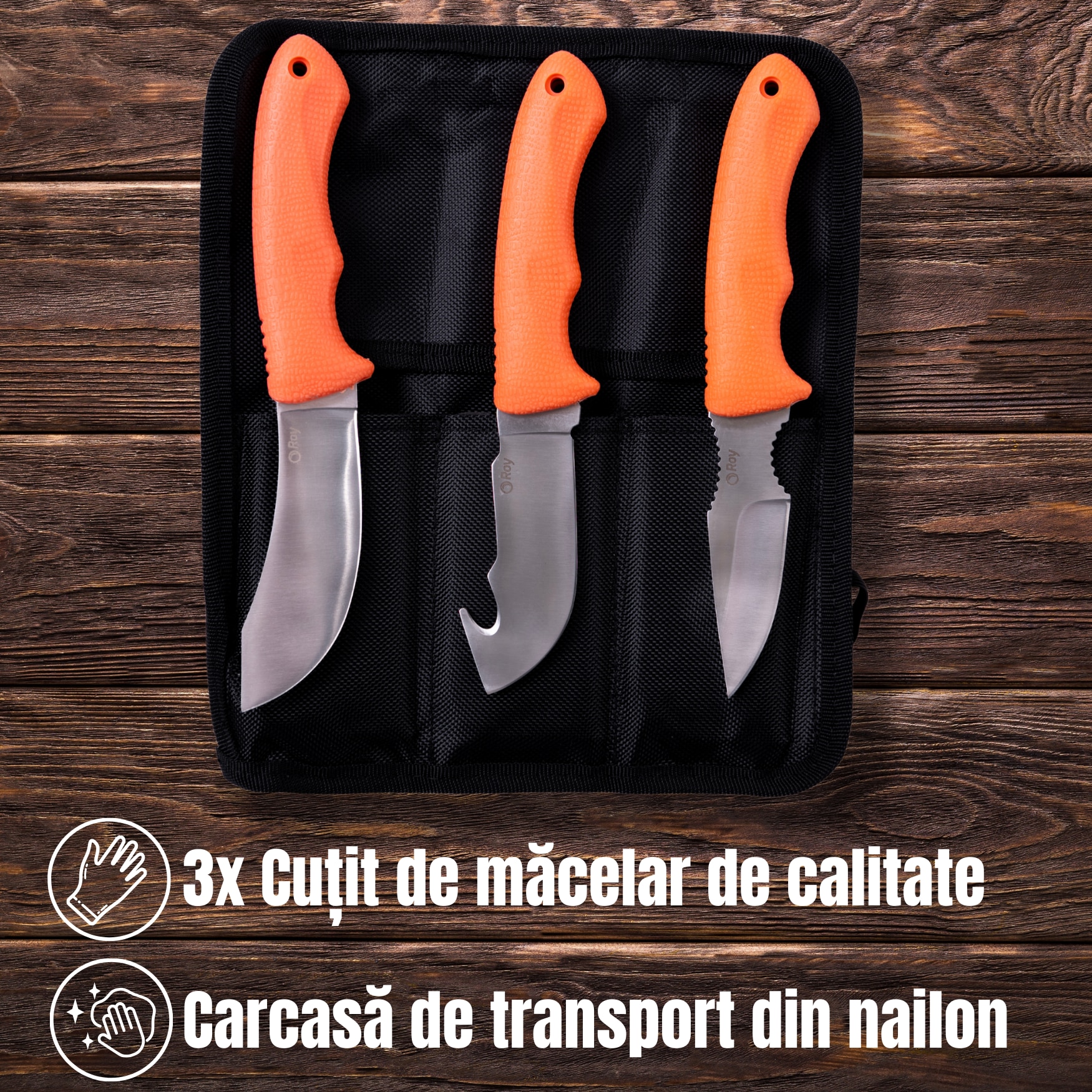 Set 3 cutite de vanatoare, ROY, Otel, Portocaliu - eMAG.ro