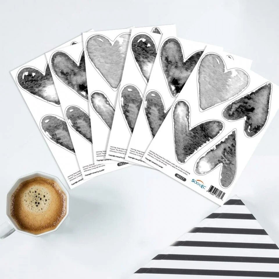 Комплект от 6 листа стикери за стена Soooec, шарка сърца, PVC, сиво ...
