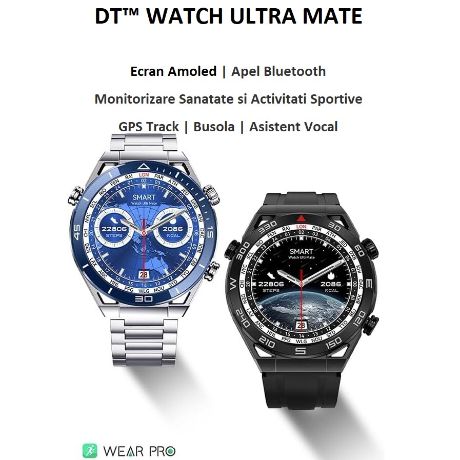 SmartWatch Ultra Mate cu 2 Curele, Apel Bluetooth, Microfon, Difuzor, Meniu Ro, GPS, EKG ...
