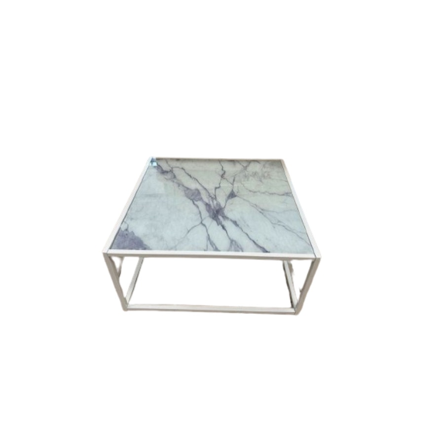 Masa de cafea/ceai cu blat din sticla alba marmorata, Sticla, 80 x 80 x ...