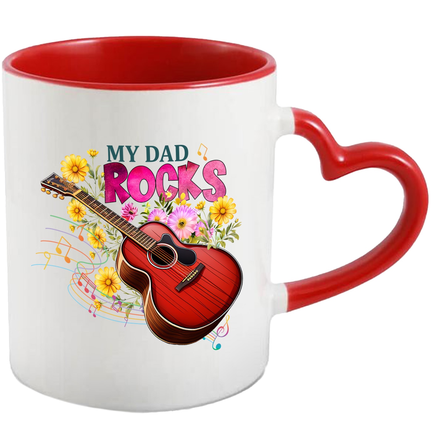 Cana cu o chitara cu mesajul "My dad rocks", note muzicale, flori, tata ...