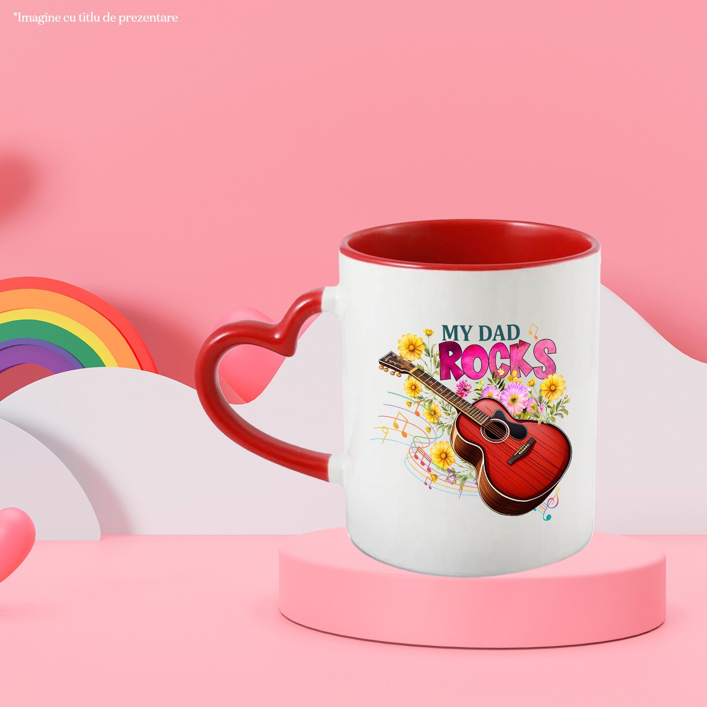 Cana cu o chitara cu mesajul "My dad rocks", note muzicale, flori, tata ...