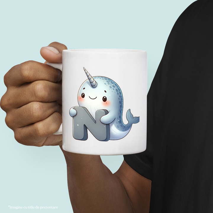 Cana cu balena cu corn (narval) cu litera "N", ilustratie, pentru copii ...