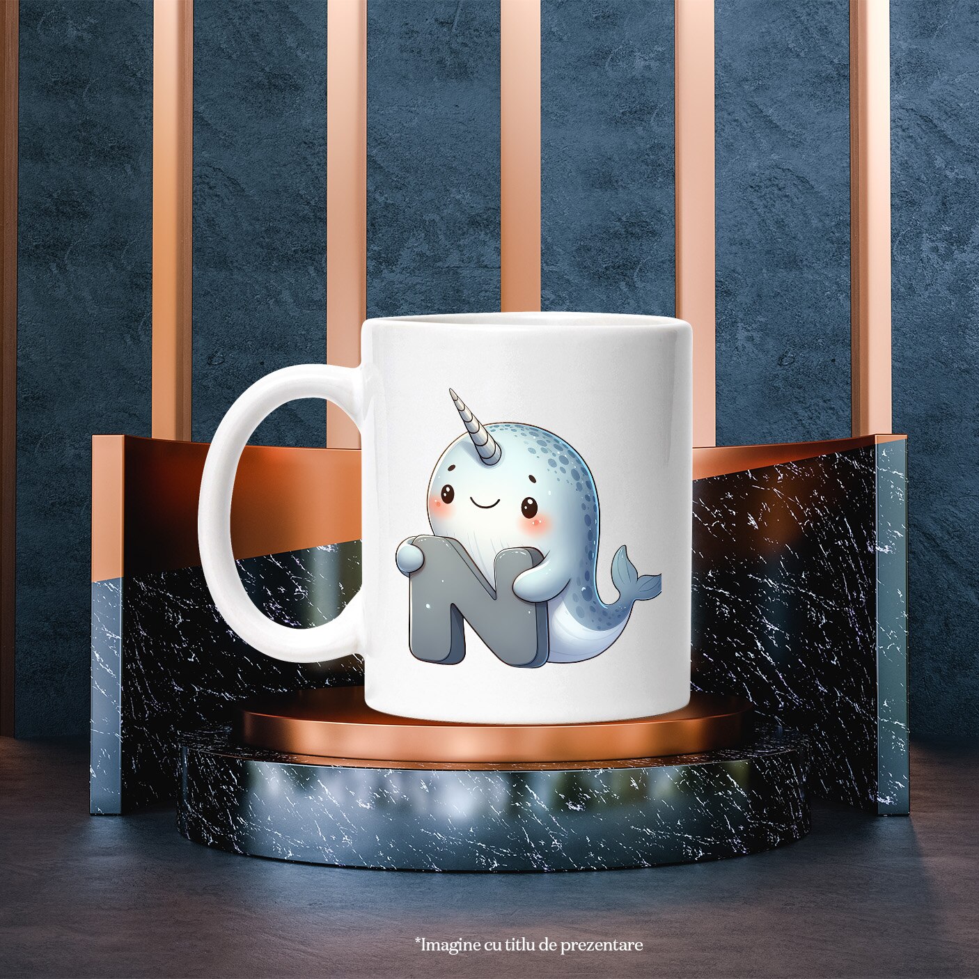 Cana cu balena cu corn (narval) cu litera "N", ilustratie, pentru copii ...