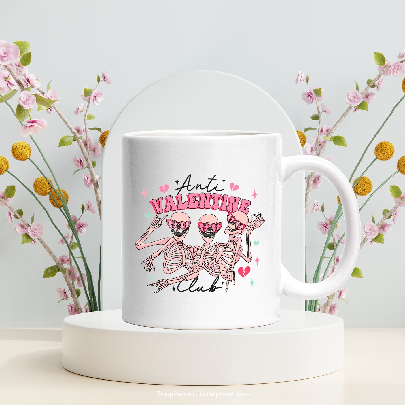 Cana cu scheleti care petrec cu mesajul "Anti Valentine Club ...