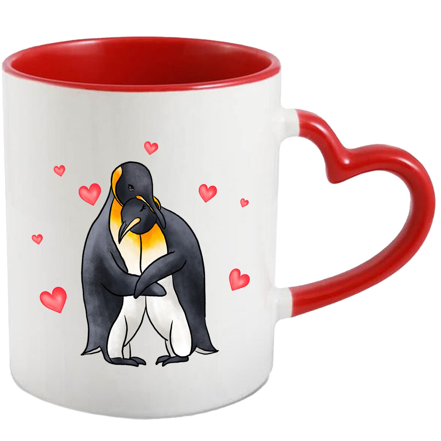 Cana cu 2 pinguini care se imbratiseaza, inimioare rosii, Valentine's ...