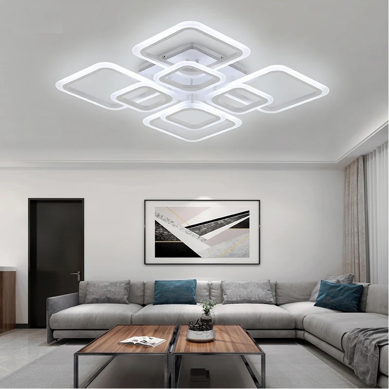Lustra LED, 182W, 8 patrate, alb, telecomanda, lumina rece/calda/neutra ...