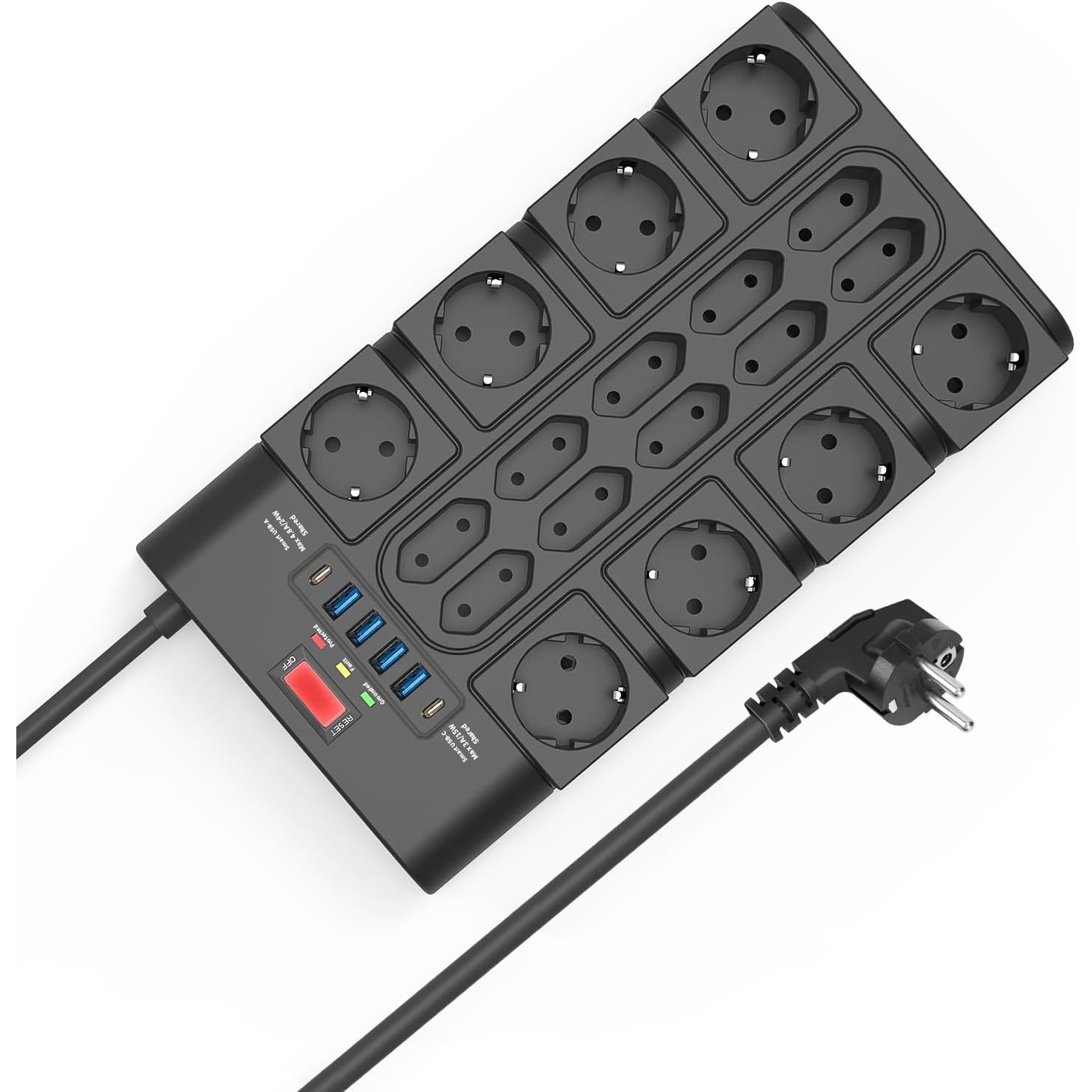 Priza multipla cu USB, 16A 3680W cu 18 cai si USB-A, USB-C cu mufa de ...