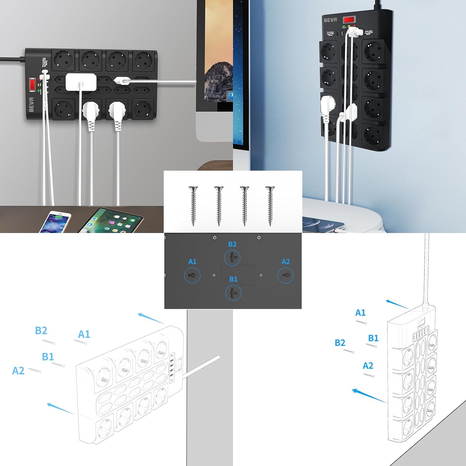 Priza multipla cu USB, 16A 3680W cu 18 cai si USB-A, USB-C cu mufa de ...