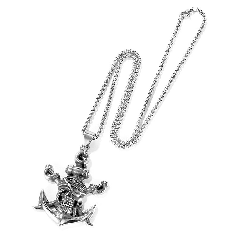 Lant cu pandantiv cap de schelet si ancora, model viata de pirat ...