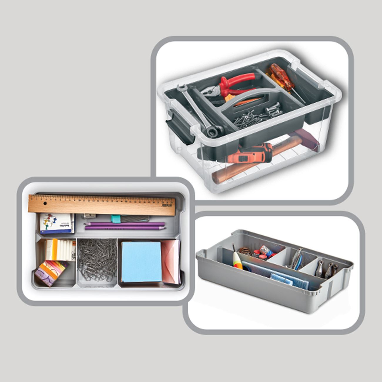 Cutie organizator transparenta cu raft gri cu compartimente Shopiens ...