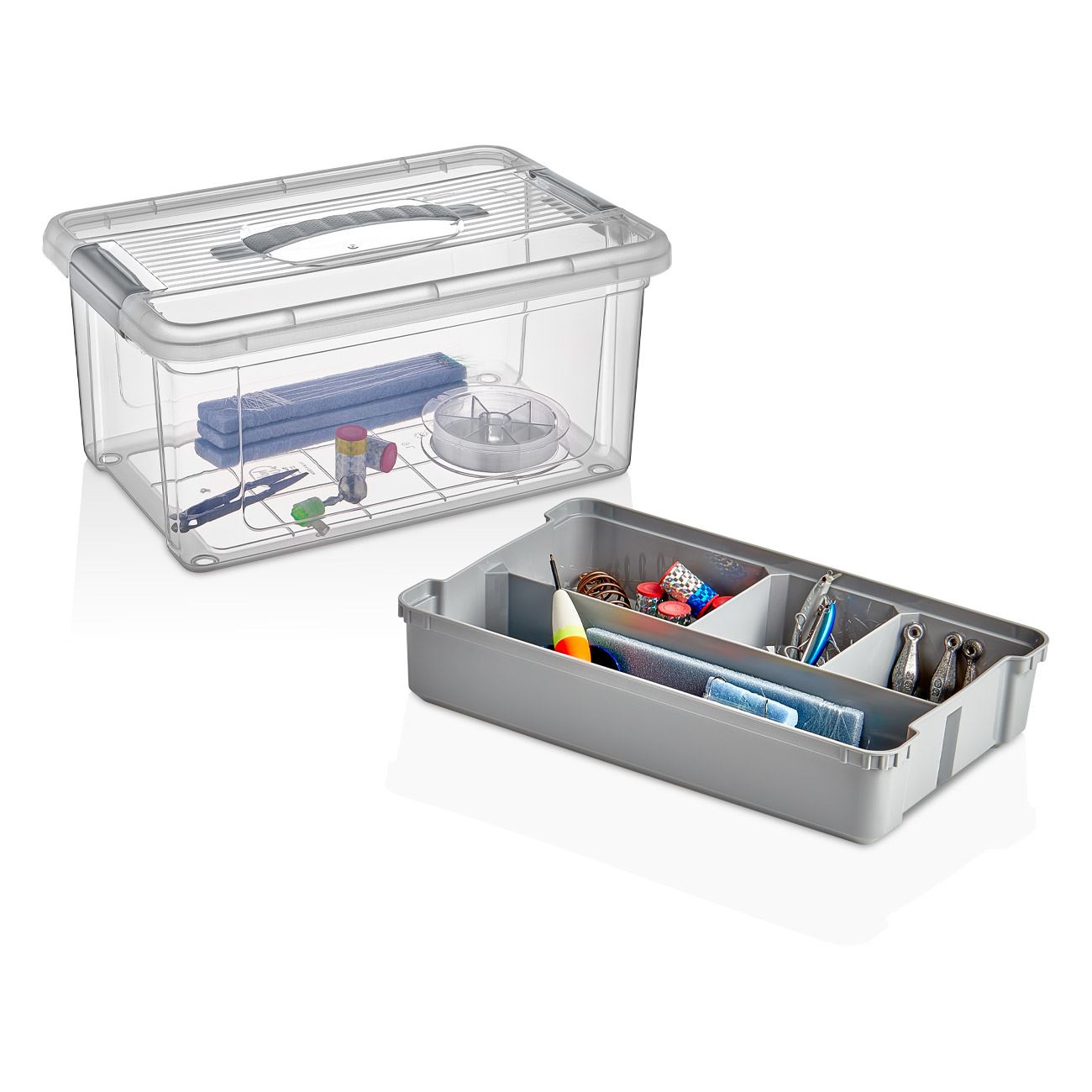 Cutie organizator transparenta cu raft gri cu compartimente Shopiens ...