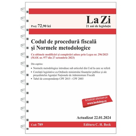 Codul de procedura fiscala si Normele metodologice de aplicare, cod 789, actualizat la 22.01. ...