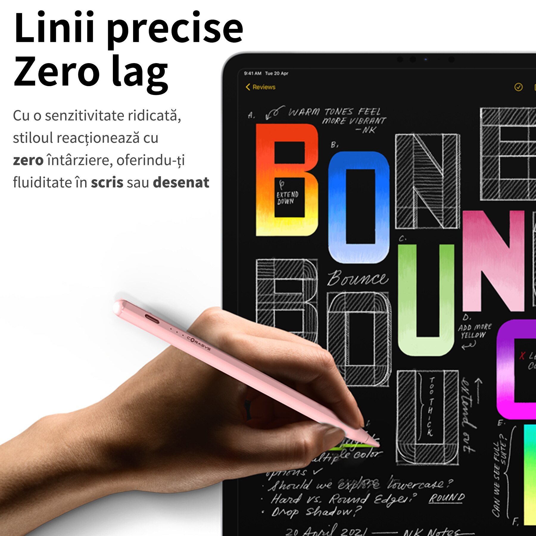 Stylus iPad Pen Corasys® Profesional cu 12 penite, pentru tableta iPad Apple, Zero Lag, functie ...