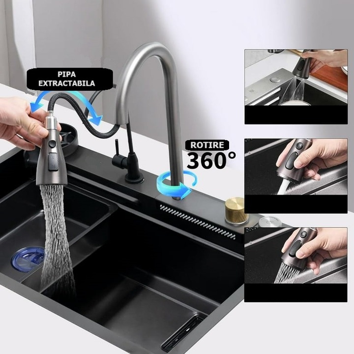 Chiuveta Bucatarie Multifunctionala, Otel, Negru, 75 cm - eMAG.ro