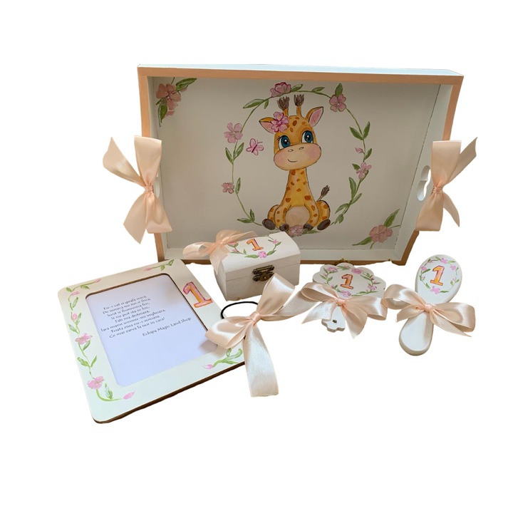 Set pentru Mot/Turta pentru fetite, Model Girafa, Prima aniversare, 9 ...