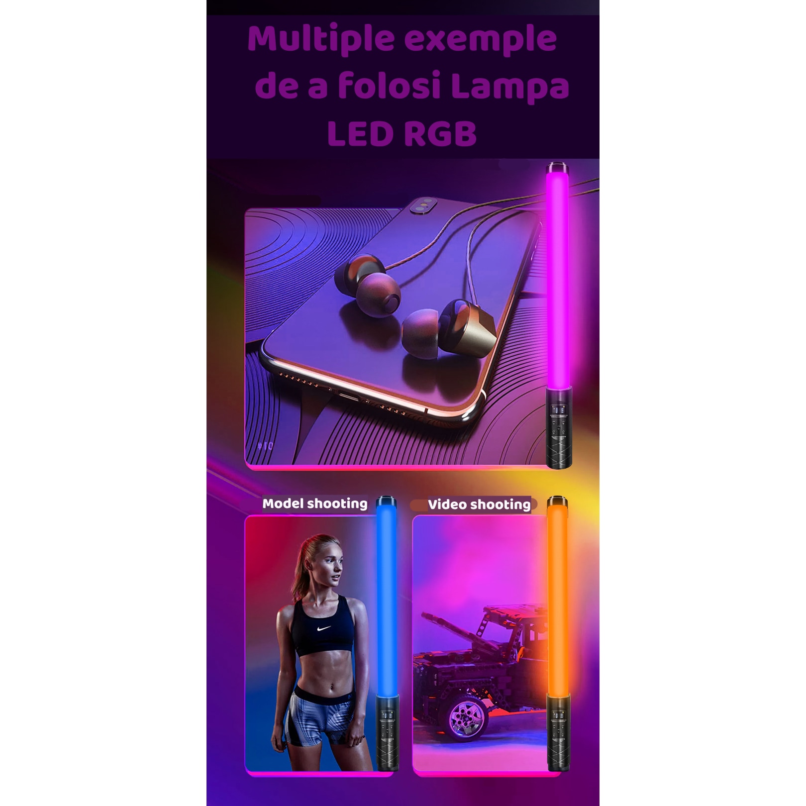 Lampa LED RGB Youndra®, tip bagheta, pentru studio, foto, video, 20W ...