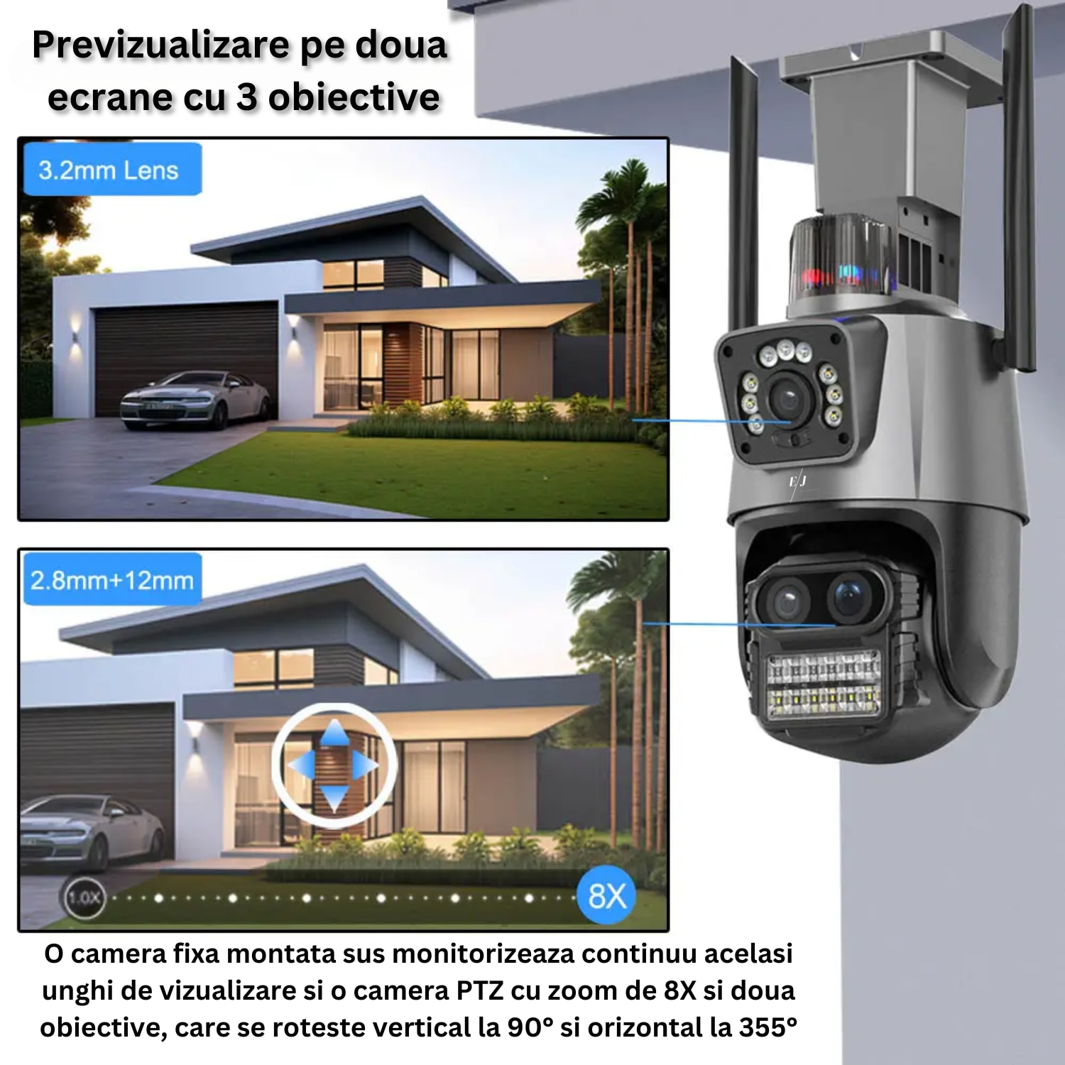 Camera de supraveghere tripla 4K, EJ PRODUCTS, Wi-Fi, 9MP, PTZ, CCTV ...